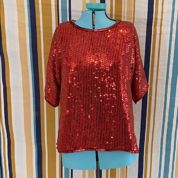 Vintage | Tops | True Vintage Red Sequin Silk Shirt | Poshmark